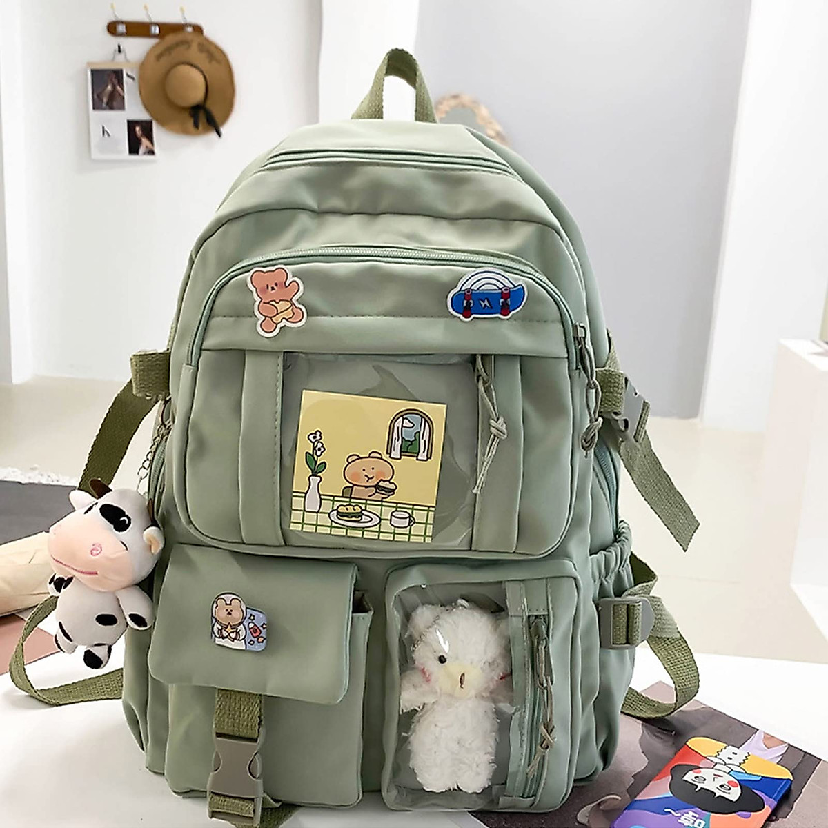 Kawaii Backpack Cute School Backpack Aesthetic Bookbags with Kawaii Pin Accessories for Teen Girls Green
