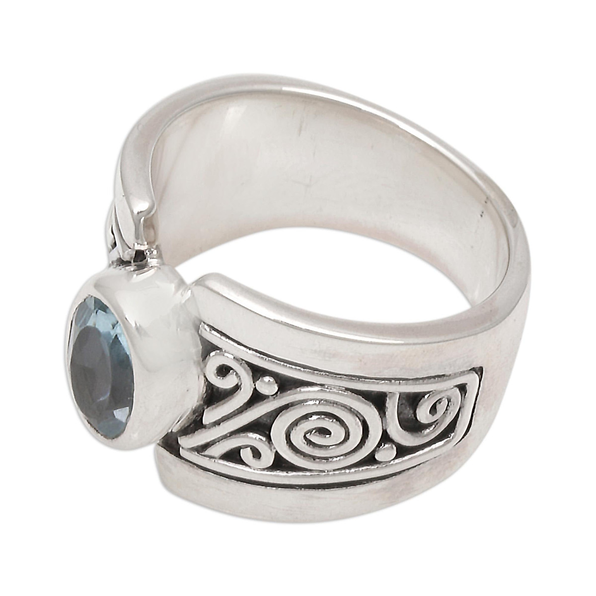 NOVICA Artisan Handmade Blue Topaz Single Stone Ring Artisan Crafted Sterling Silver Wide with Indonesia Serenity Birthstone [crownbezel 0.4 in L x 0.3 in W x 0.2 in H Band Width 7 mm W] ' Blue