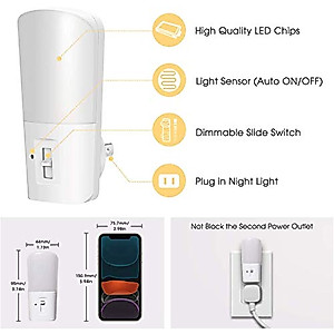 LOHAS Plug in Night Light, Dimmable LED Night Lights with Dusk to Dawn Sensor, Soft White 3000K Sleep Nightlight, Adjustable Brightness 5-80lm Mini Light for Nursery Kids Room Hallway Kitchen, 2 Pack