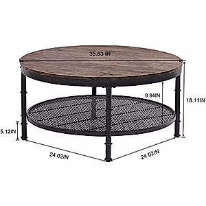 GreenForest Coffee Table Round Small Industrial 2-Tier Coffee Table with Storage for Living Room, Dark Walnut