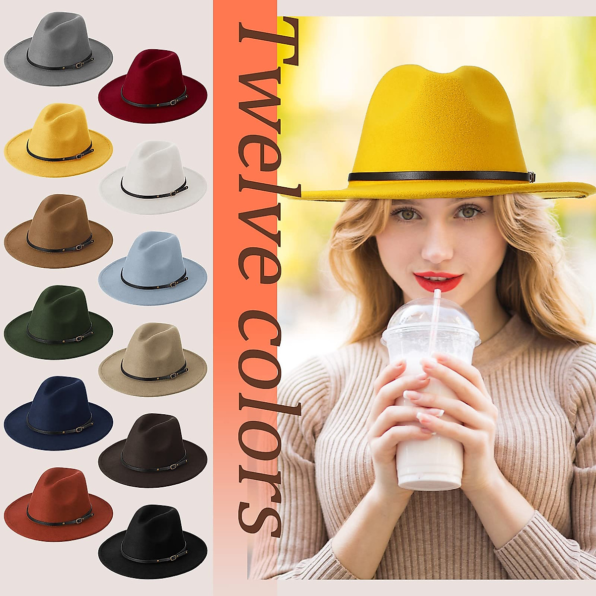 Lasnten 12 Pieces Women Wide Brim Hat Belt Buckle Floppy Panama Hat Wool Vintage Hats Bulk Felt Women Jazz Hat Retro Hat (Assorted Colors)