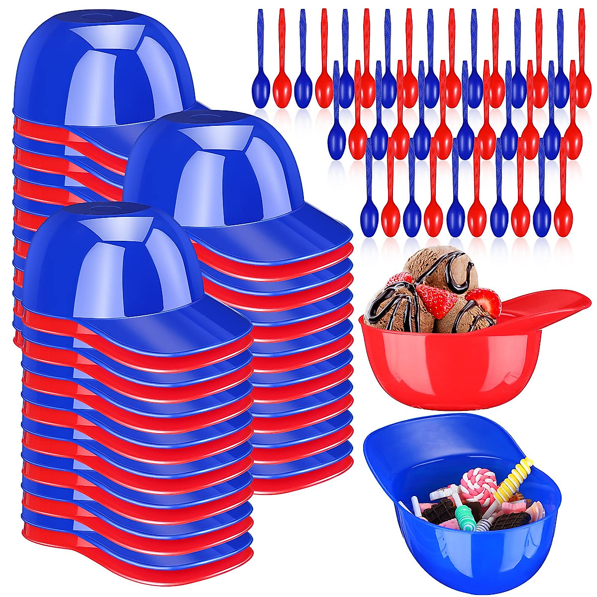 36 Count Summer Baseball Helmet Snack Ice Cream Bowl 8 oz Mini Baseball Cap Bowls Plastic Dessert Sundae Candy Bowls with 36 Spoons for Kids Birthday Sports Party Supplies (Red, Dark Blue)