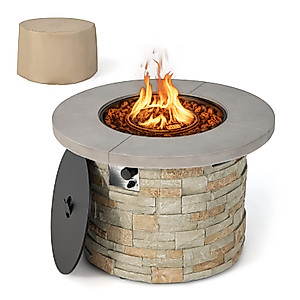 Giantex Propane Gas Fire Pit Table - 2-in-1 Outdoor 36” Round Fire Table W/Volcanic Rock & PVC Cover, Stainless Steel Burner, 50,000 BTU Heat Output, Faux Stone Surface Outside Fireplace for Patio