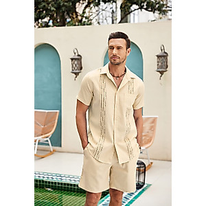COOFANDY Guayabera Linen Suit for Men Mexican Style Beach Vacation Outfits Sets