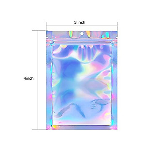 200pcs 3"X 4" (storage size 2.6X2.6 '') Smell Proof Resealable Mylar Bags Food Storage Holographic Bags Foil Pouch Double-Sided Zipper lock Bag
