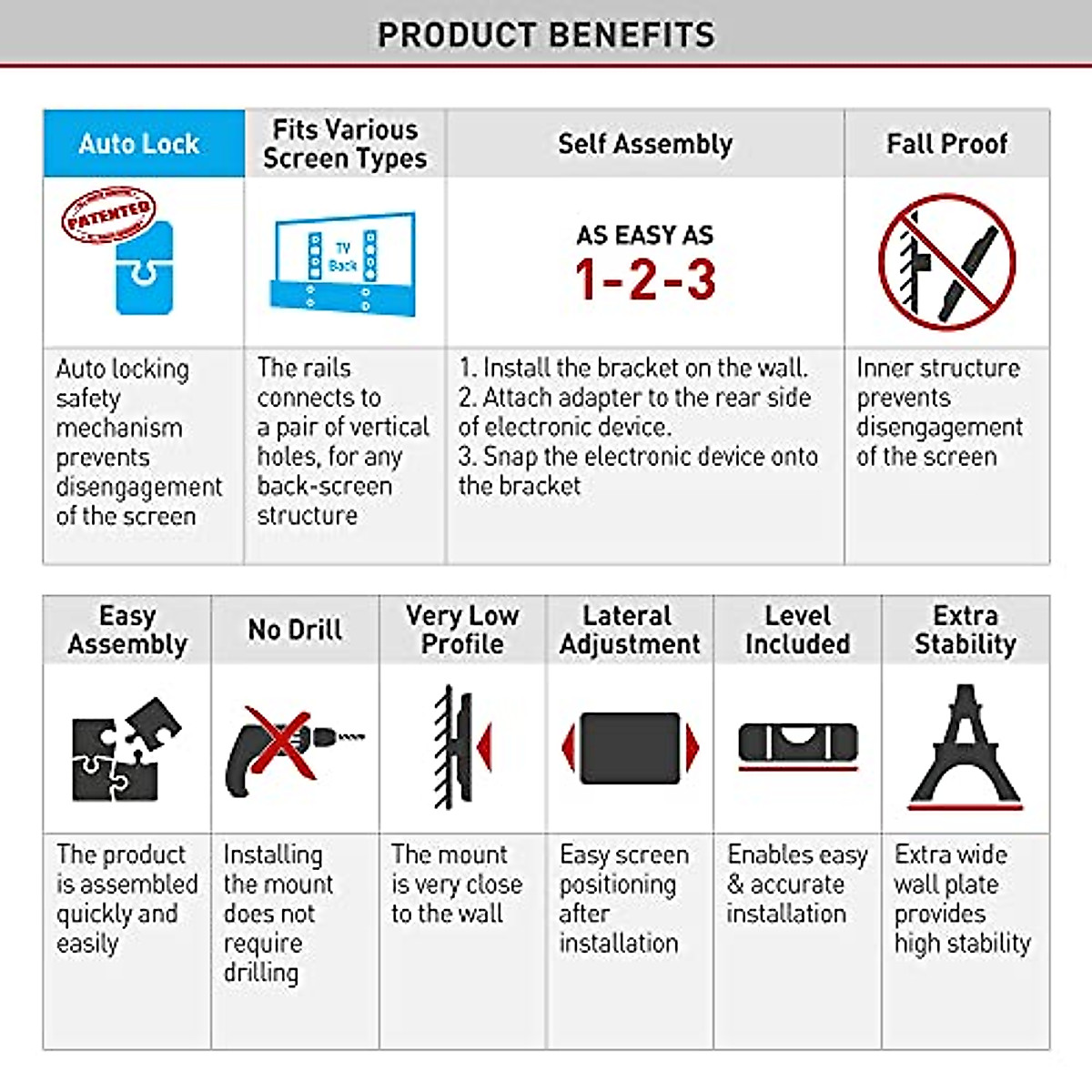 Barkan TV Wall Mount, 19 - 65 inch Fixed, Drywall No Stud No Drill Screen Bracket, Holds up to 71lbs, Auto Lock Patented, 5 Year Warranty , Fits LED OLED LCD, Including 6 ft 4K HDMI Cable Black