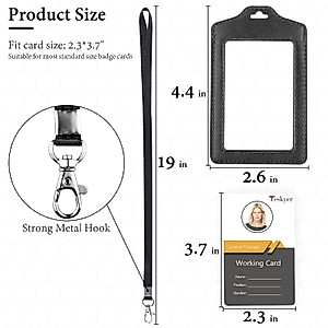 Teskyer 2 Pack of Double Sided Clear Badge Holder with Lanyard, PU Leather ID Badge Name Card Holder with Stainless Steel J-Hook Nylon Lanyard for Work ID, School ID, Metro Card, Access Card, Black