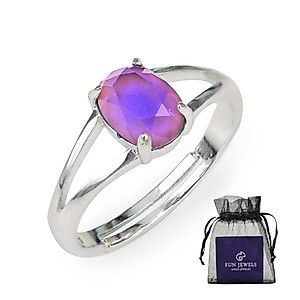 FUN JEWELS Minimalist Mood Ring in Silver Size Adjustable with Color Changing Facet Oval Crystal Stone For Women