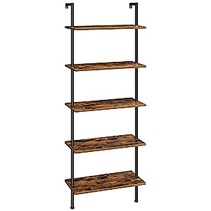 HOOBRO DIY Ladder Shelf Bookcase, 5-Tier Wall Mounted Ladder Bookshelf, Office Vertical Bookcase, Wooden Storage Shelves for Home Office, Bedroom, Living Room, Rustic Brown and Black BF53CJ01
