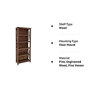 Amazon Brand – Stone & Beam 5-Shelf Bookcase, 75"H, Weathered Oak Finish