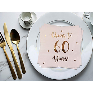 Cheers to 60 Years Cocktail Napkins | Happy 60th Birthday Decorations for Men and Women and Wedding Anniversary Party Decorations | 50-Pack 3-Ply Napkins | 5 x 5 inch folded (Pink)