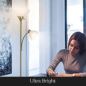 Brightech Sky Dome Plus LED Floor lamp, Torchiere Super Bright Floor Lamp with Reading Lamp for Living Rooms & Offices - Dimmable Tall Standing Lamp for Bedroom Reading - Gold Brass
