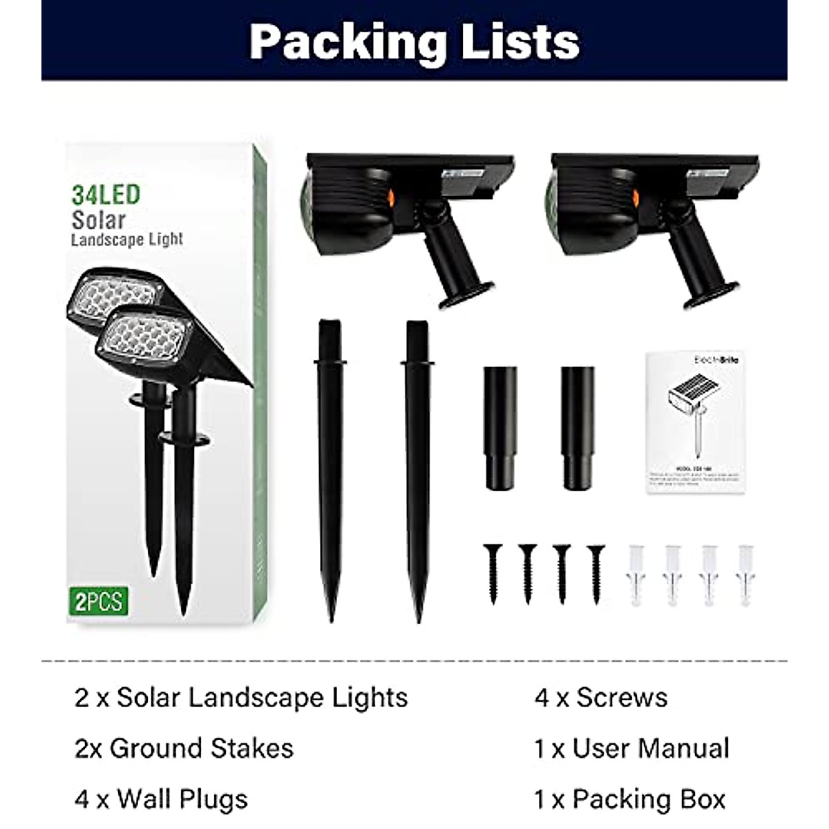 Solar Spotlight, 34 LEDs Solar Landscape Lighting, IP67 Waterproof Solar Lights & 3 Modes Solar Powered Spotlights, Dark Sensing Auto ON/Off for Yard Garden Walkway and Pool 2 Pack