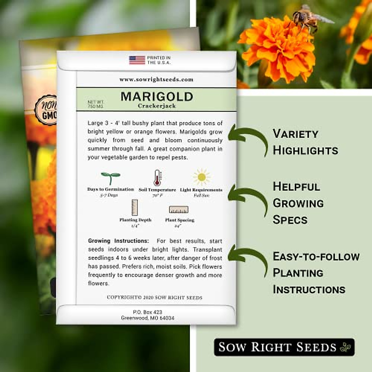 Sow Right Seeds Crackerjack Marigold Seeds - Non-GMO Heirloom Seeds with Instructions to Plant a Beautiful Flower Garden - 750mg (About 350 Seeds) - Wonderful Gardening Gift (1)