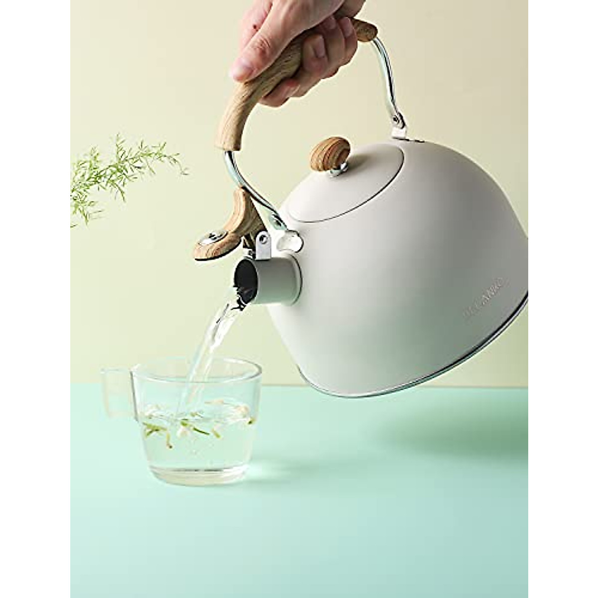 Tea Kettle, BELANKO 85 OZ / 2.5 Liter Whistling Tea Kettle Pots for Stove Top Food Grade Stainless Steel with Wood Pattern Folding Handle, Loud Whistle for Tea, Coffee, Milk - Milk White