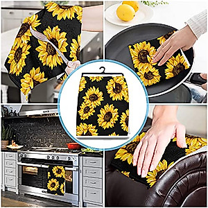 Decorfine Premium Kitchen Towels 18x28 Inch - Absorbent Dish Towels Sunflower Black Background Hand Dish Cloths for Drying and Cleaning, 4 PCS