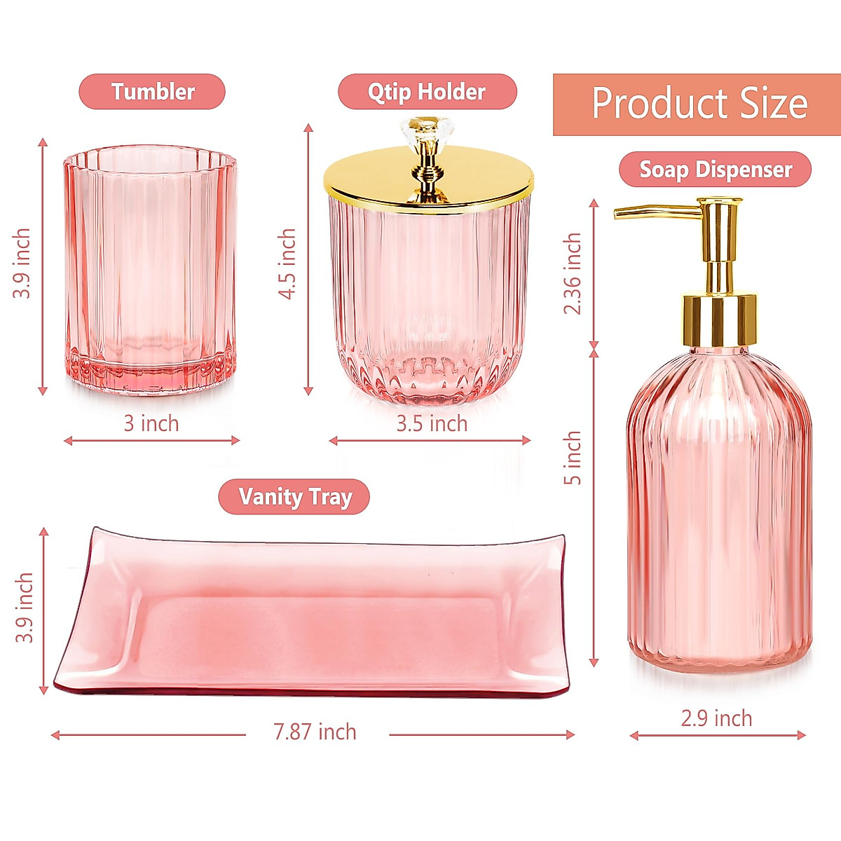 Haturi Bathroom Accessories Set, 4 Pcs Pink Glass Bathroom Accessories Sets Complete w/Lotion Soap Dispenser, Toothbrush Holder, Apothecary Jar, Vanity Tray, Bathroom Decor, Gift for Home Apartment