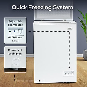 Igloo ICFXX35WH6AD Chest Freezer with Removable Basket and Front Defrost Water Drain, Small Deep Freezer Perfect for Homes 3.5 Cu.Ft., White