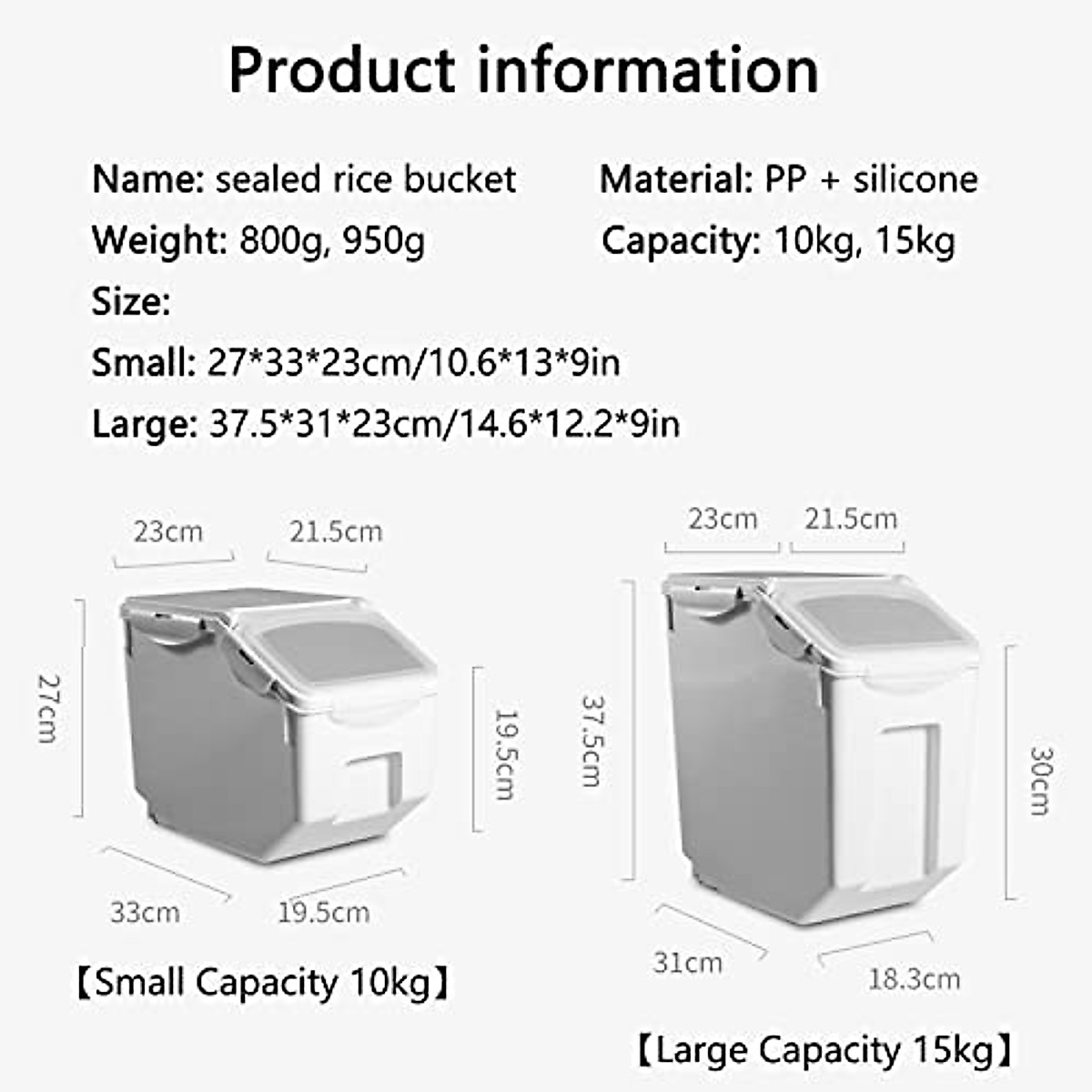 ACGrade Rice Container, Rice Dispenser Container, Clamshell Rice Container, 10kg/15kg Rice Container, Kitchen Container Barrel, Rice Storage Container Plastic, for Whole Grains, Gray, 10.6x13x9in