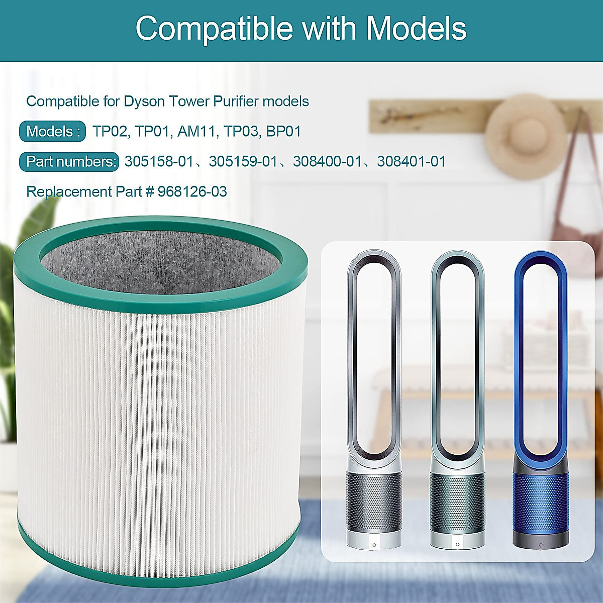 2 Pack Dyson TP02 Air Purifier True HEPA Filters Replacement for Dyson Pure Cool Link TP01, TP02, TP03, AM11, BP01 Tower Air Purifier, Compare to Part # 968126-03 2 Pack TP02 Air Purifier True Filters