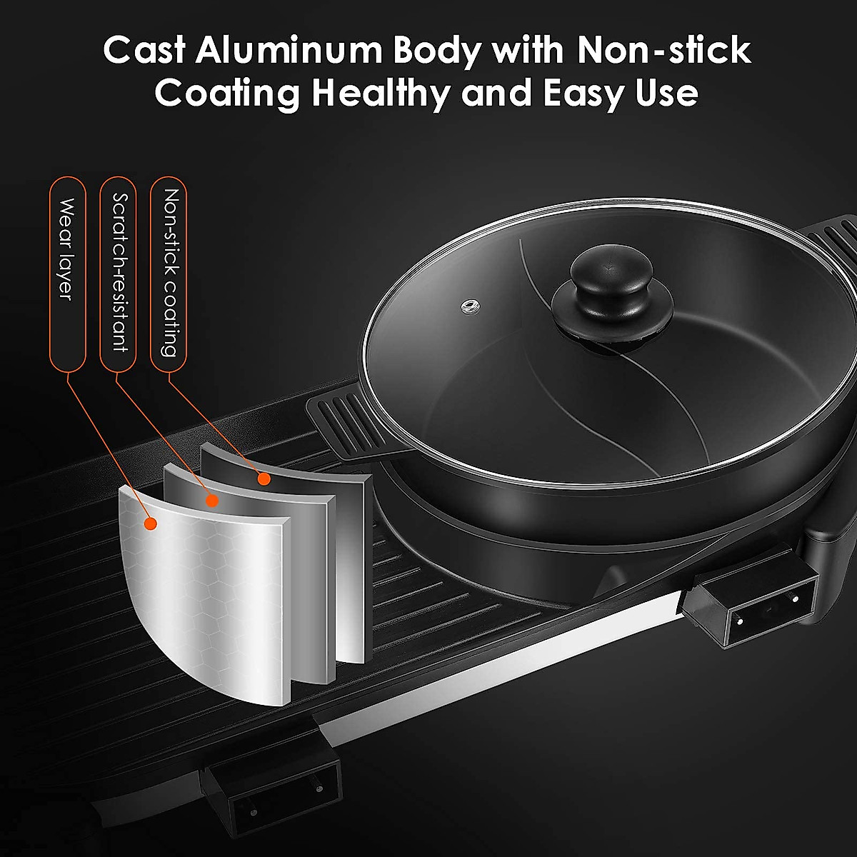 SEAAN Electric Removable Shabu-shabu Pot Grill Detachable Barbecue Grill with Large Capacity Baking Tray Non-Stick BBQ Pan Adjustable Temperature Double Flavor Hot Pot 110V