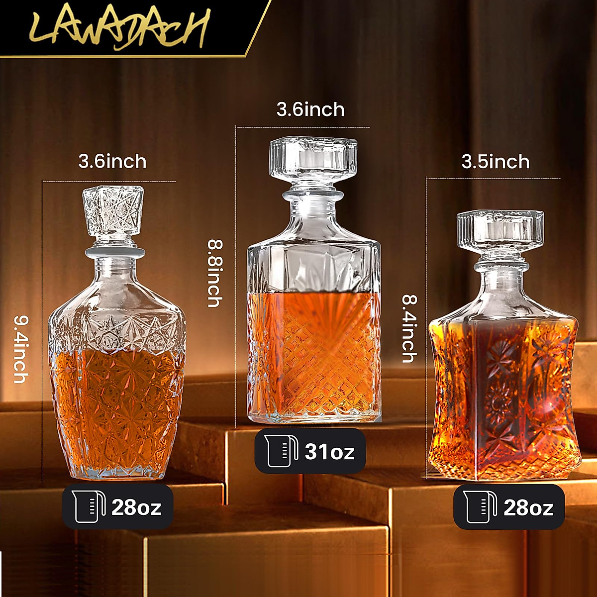 LAWADACH Liquor Decanters Whiskey Decanter Set of 3 Glass Alcohol Bottle for Tequila, Brandy and Vodka Unique Liquor Bar and Party Decorations (28oz*2, 31oz*1)