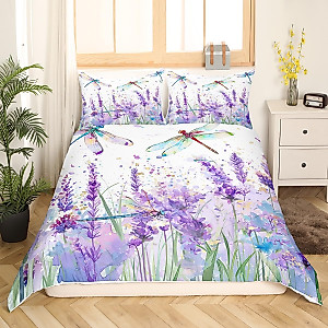 Feelyou Kids Twin Dragonfly Bedding Set Purple Lavender Duvet Cover Floral Dragonfly Comforter Cover for Kids Boys Girls Botanical Bedspread Cover Adult Bedroom Decor Zipper (No Comforter)