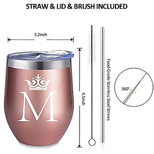 COFOZA Letter M Initial Gifts for Woman Men 12 Oz Stainless Steel Wine Tumbler Drink Cup Monogram Mug Personalized Birthday Wedding Bridesmaid Proposal Engagement Christmas Gift (M)