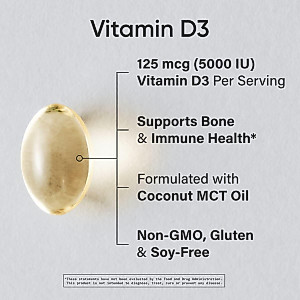 Sports Research Vitamin D3 5000 IU with Coconut MCT Oil - High Potency Vitamin D Supplement for Immune & Bone Support - Non-GMO Verified, Gluten & Soy Free – 125mcg, 360 Liquid Softgels