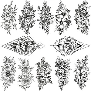 Tazimi 12 Sheets 3D Black Flower Temporary Tattoos For Women Rose Peony Flower Sketch Tattoos Stickers For Women Body Art