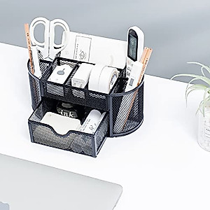 Mesh Pen Holder, Desk Organizer for Desk Pencil Holder with 8 Compartments and 1 Drawer Desk Supplies for Office Home 1 PC