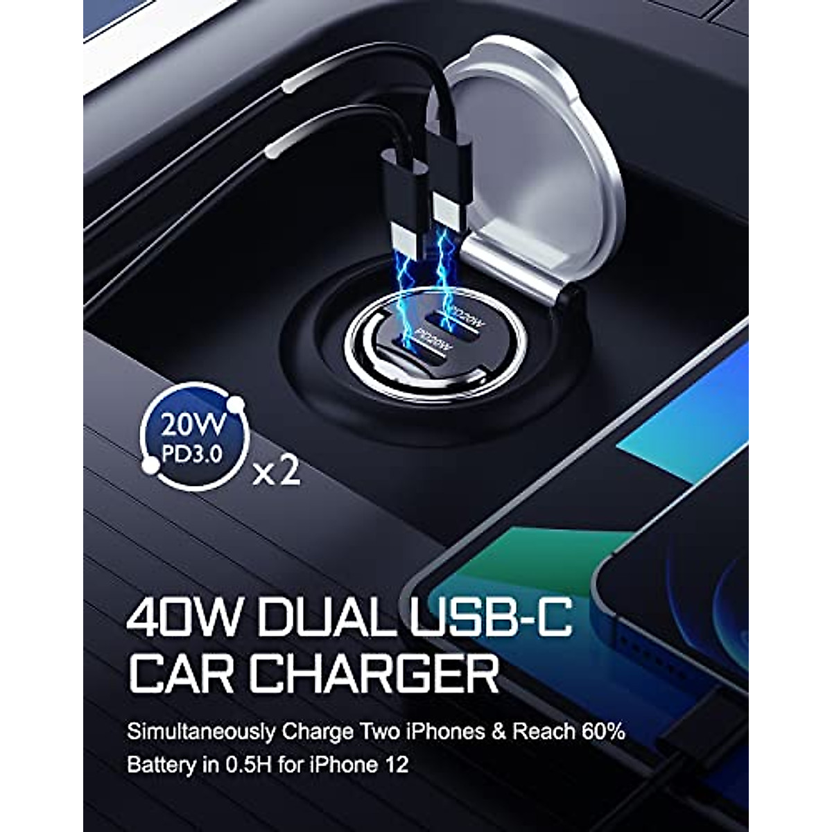 USB C Car Charger, 40W PD 3.0 Smallest Dual Type C Car Power Adapter Flush Fit Cigarette Lighter Quick Charge Compatible with iPad, iPhone13/12/11 Pro Max/X, Samsung Galaxy S21/S20/S10/S9/S8 and More