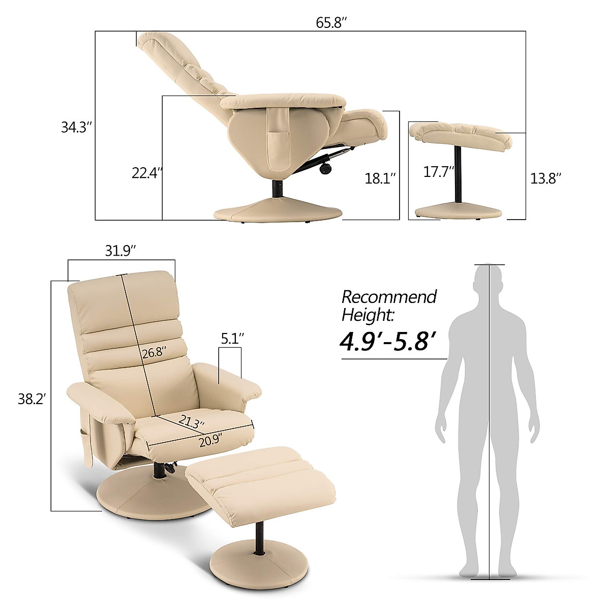 MCombo Recliner with Ottoman, Reclining Chair with Massage, 360 Swivel Living Room Chair Faux Leather 7902 (Cream White)