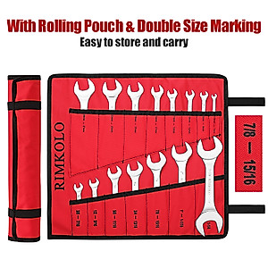 RIMKOLO Super-Thin Open End Wrench Set, 16-Piece SAE & Metric 3/8" to 1-1/4" and 5.5mm to 27mm Chrome Vanadium Steel Wrench Set with Rolling Pouch