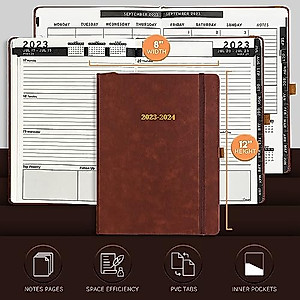 HARDCOVER Daily Leather Planner Weekly Monthly - 8.5x11 - Ensight Academic Planner Business Personal or Student - Pen Holder, Bookmark, Notes Pages, Thick Paper, July 2023 - June 2024 (Brown)