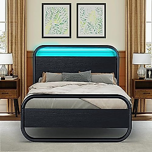 Twin Bed Frame with Headboard LED Bed Frame Twin Size Platform Bed Frame Heavy Duty Metal Rustic Bed Frame Twin Wood Platform Bed Frame Under Bed Storage Noise Free No Box Spring Needed (Twin, Black)