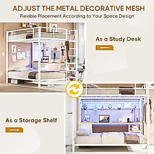 DICTAC Full Over Twin Size Bunk Bed with Desk and Led Lights Metal Loft Bed Frame with Charging Station,Storage Shelves and Drawers for Teen & Adults,Safety Guard & Ladder,No Box Spring Needed,White