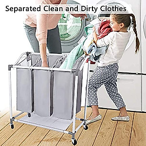 Laundry Basket with Wheels, Laundry Hamper 3 Section Removable Hampers for Laundry Organization and Storage, Metal Frame Cart with 90lbs Capacity, Mesh Sided Foldable Bags, No-Screw Simple Assembled