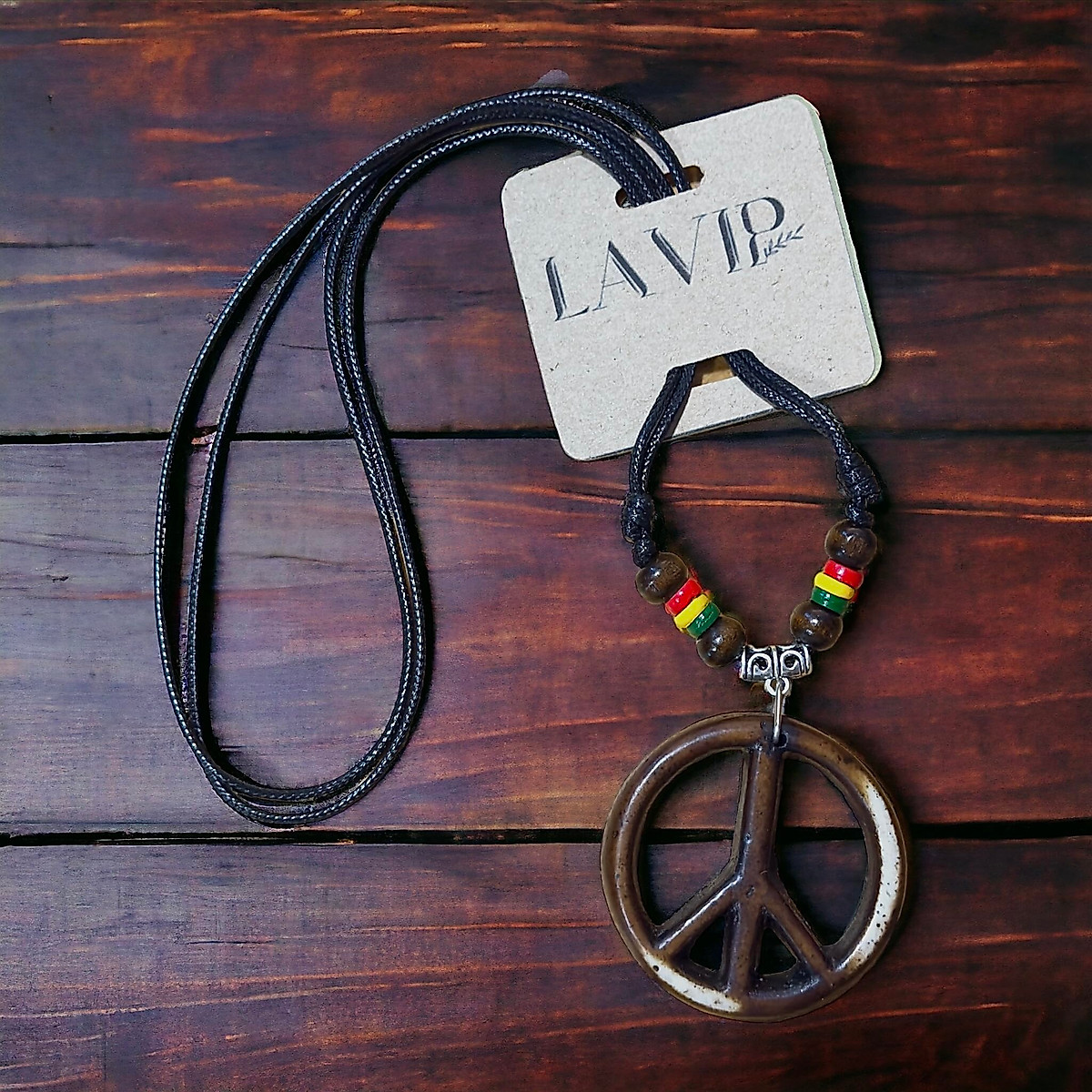 LAVIP Leather Peace Symbol Necklace - Peace Sign Pendant Rasta Hippie Hemp Hawaiian