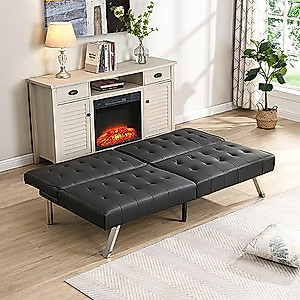 Penifun Convertible Folding Futon Sofa Bed Sleeper Couch for Living Room PU Leather Upholstered Loveseat, Solid Wood Frame/Stainless Leg, Black
