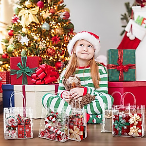 Gueevin 60 Pcs Christmas Clear Gift Bags with Handles Bulk Plastic Candy Treat Bags Snowflake Party Gift Bags PVC Wine Gift Tote Bags for Wedding Birthday Party Favor(7.87 x 7.87 x 3.15 Inch)