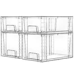 Vtopmart 4 Pack Clear Stackable Storage Drawers,Easy to Assemble Bathroom Organizers and Storage with handles,Plastic storage drawers for Kitchen Pantry,Cabinet,Under Sink Organization
