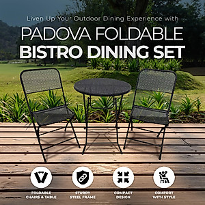 Four Seasons Courtyard Padova 3 Piece Bistro Outdoor Backyard Dining Set with 2 Folding Chairs and Round Table Furniture for Patios or Decks, Black