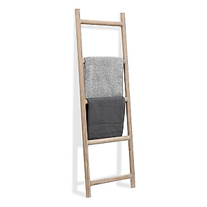 FUIN Fully Assembled 5ft Wood Blanket Ladder Living Room Decorative Wall Leaning Farmhouse Quilt Display Holder Rustic Wooden Towel Rack for Bathroom, Natural & Graywashed