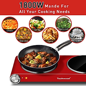 Hot Plate, Techwood 1800W Dual Electric Stoves, Countertop Stove Double Burner for Cooking, Infrared Ceramic Hot Plates Double Cooktop, Red, Brushed Stainless Steel Easy To Clean Upgraded Version, Red