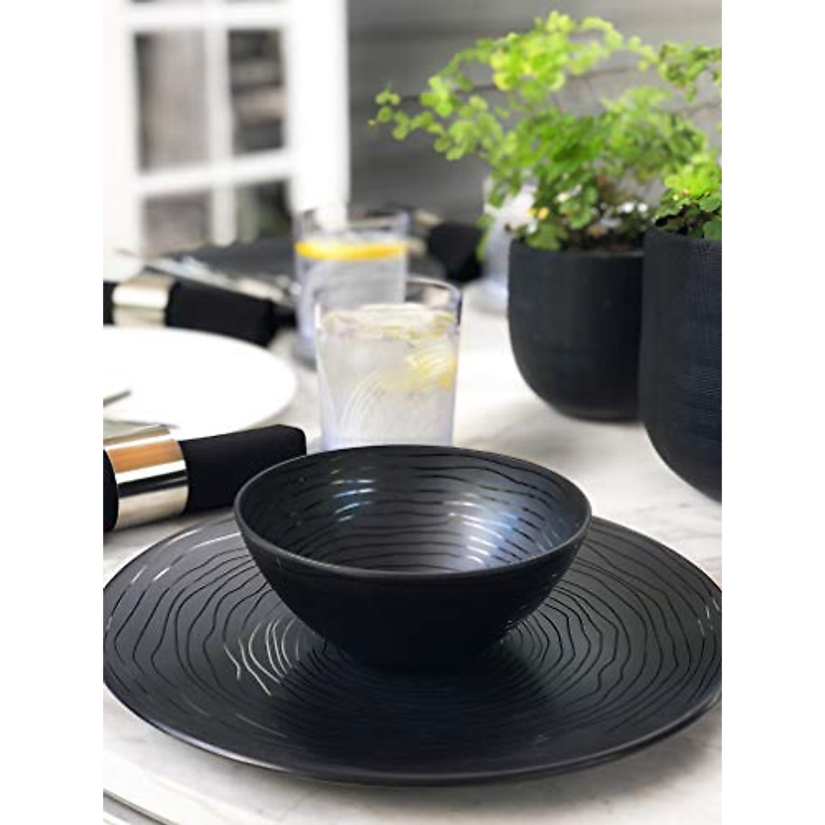 Bzyoo 12 Piece Melamine Dinnerware Set - Durable, Dishwasher Safe Organica Black Plates and Bowls Sets Casual Dish Set for Dining, Outdoor and Kitchen