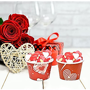 48 Count Valentine's Day Treat Snack Cups 10 Oz. Valentines Heart Disposable Paper Cup Dessert Ice Cream Bowl Pink Red White Holiday Hearts Design For Frozen Treats Cupcakes Party Favor Supplies Decor