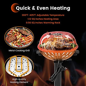 COSTWAY Portable Electric Grill, with Warming Tray, 1600W Heating Element, Adjustable Temperature Control & Removable Grease Tray, Sturdy Stand, Indoor & Outdoor BBQ Grill for Patio & Backyard (Red)