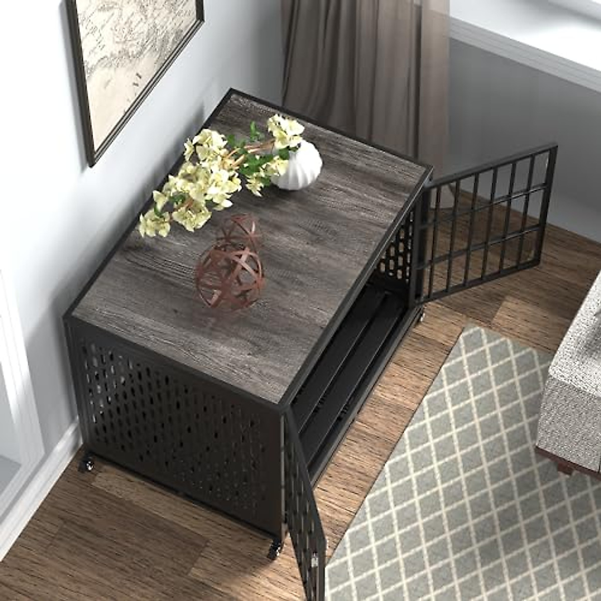 rehomerance 42" Heavy Duty Dog Crate for Large Medium Dogs, Furniture Style cage with 2 Removable Trays, 4 Lockable Wheels and 2 Locks, Decorative Pet House Wooden Cage Kennel Furniture Indoor