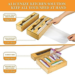 Alicenize 9 IN 1 Ziplock Bag Storage Organizer for Kitchen Drawer and Plastic Wrap Dispenser with Cutter | Bamboo Foil and Plastic Wrap Organizer | Compatible with a variety size of storage bags